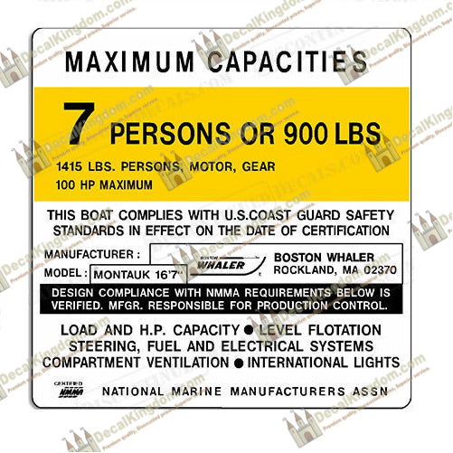 Boston Whaler Capacity Plate Decals Boat Maximum Occupancy Multiple Va
