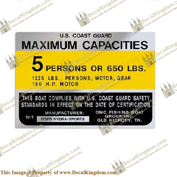 Hydra-Sports 175FS 5 Person Boat Capacity Plate Decal