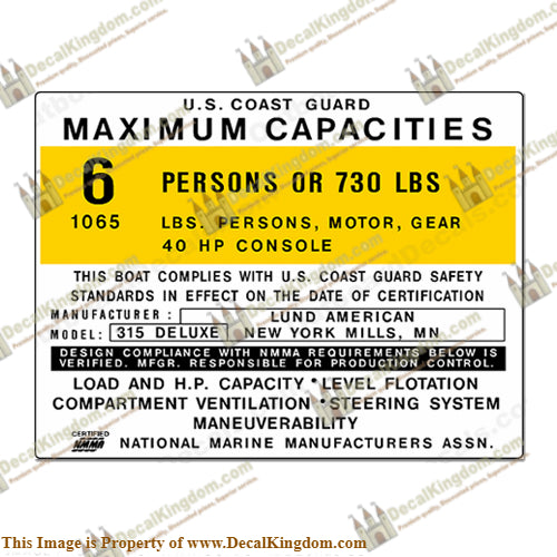 Lund Boat Capacity Plate Decal (Multiple Styles)